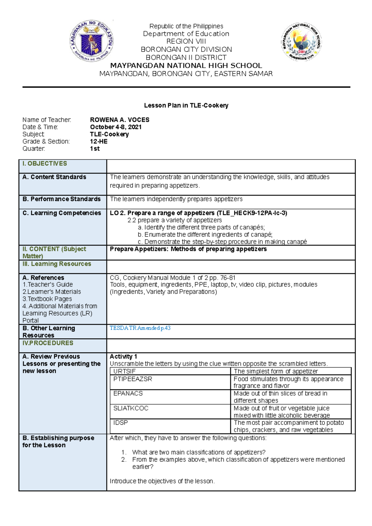 COT-TLE-Cookery - Comprehensive Lesson Plan on Preparing Appetizers - Studocu