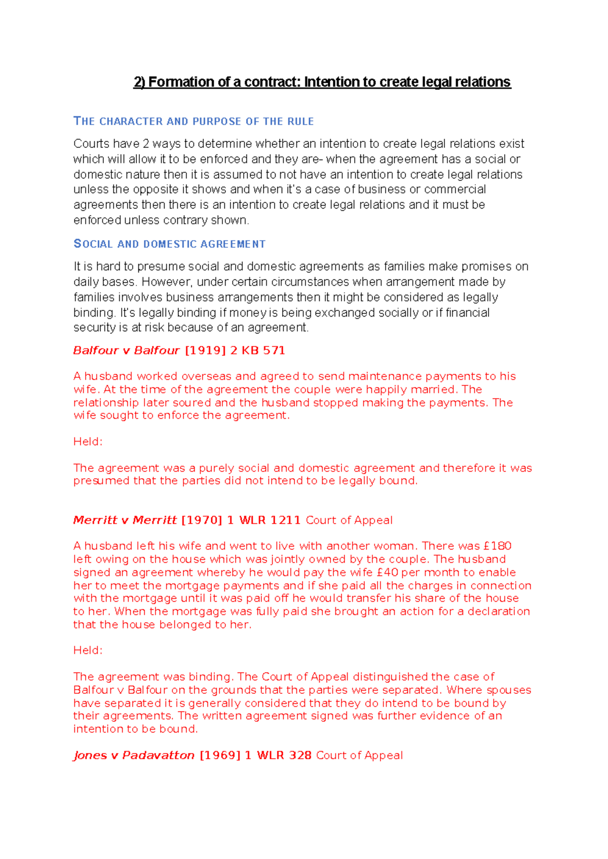 2) Formation of a Contract: Intention to Create Legal Relations - Studocu