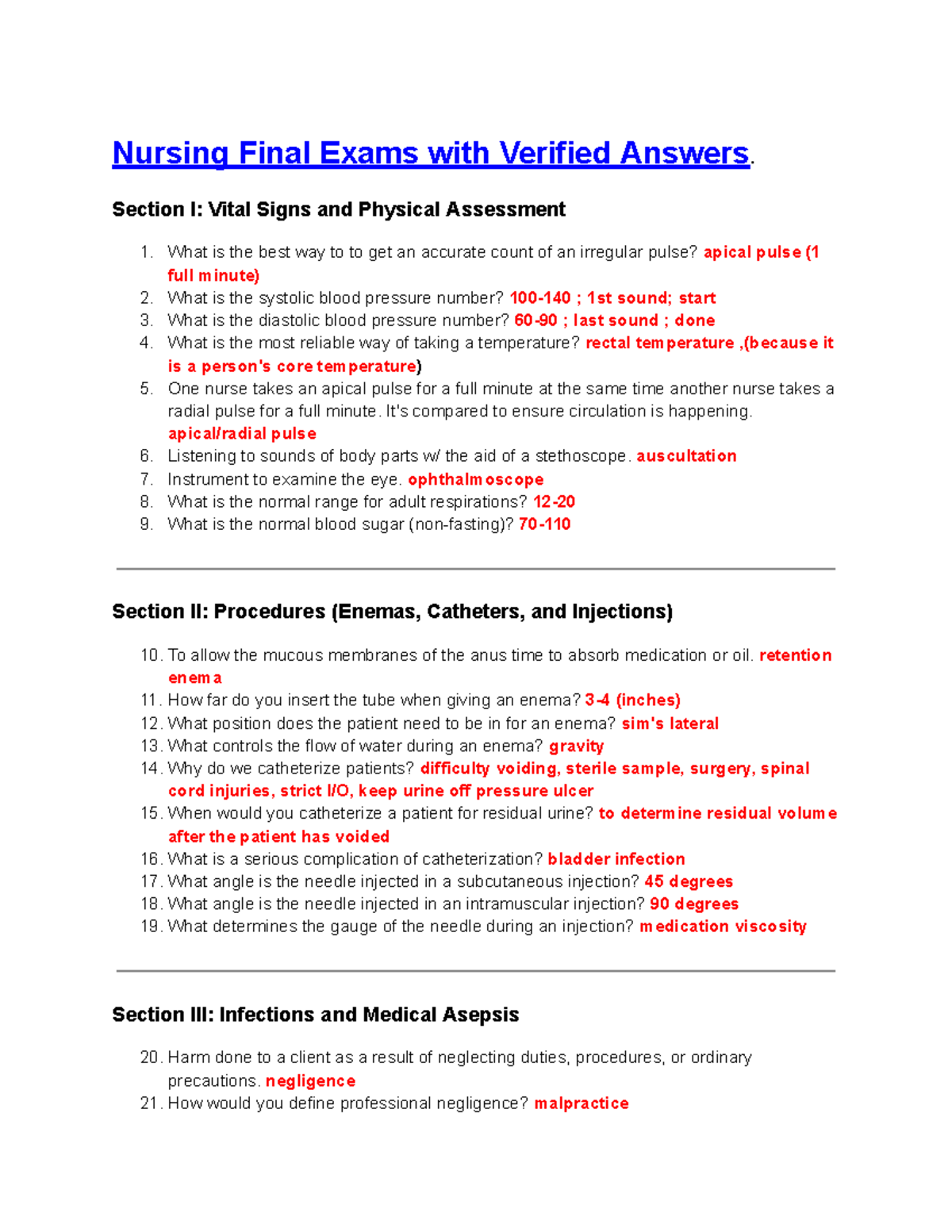 Nursing 101: Final Exam Study Guide with Verified Answers - Studocu