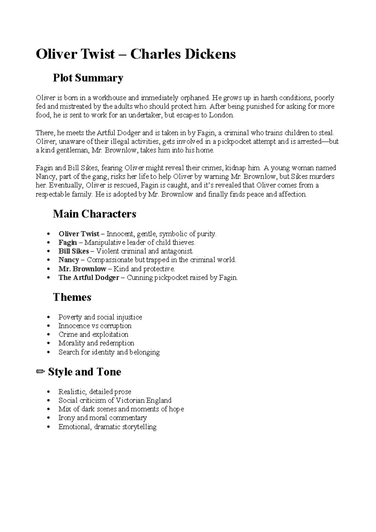 Oliver Twist (ENG 101) - Plot Summary and Character Analysis - Studocu