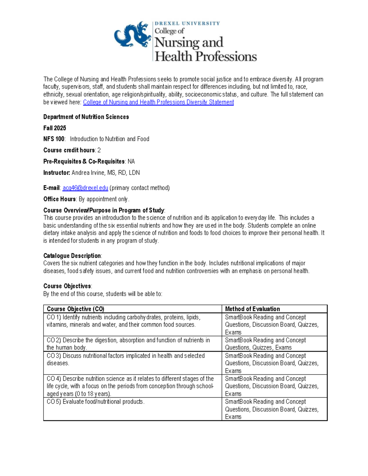 NFS 100: Introduction to Nutrition and Food Syllabus Fall 2025 - Studocu