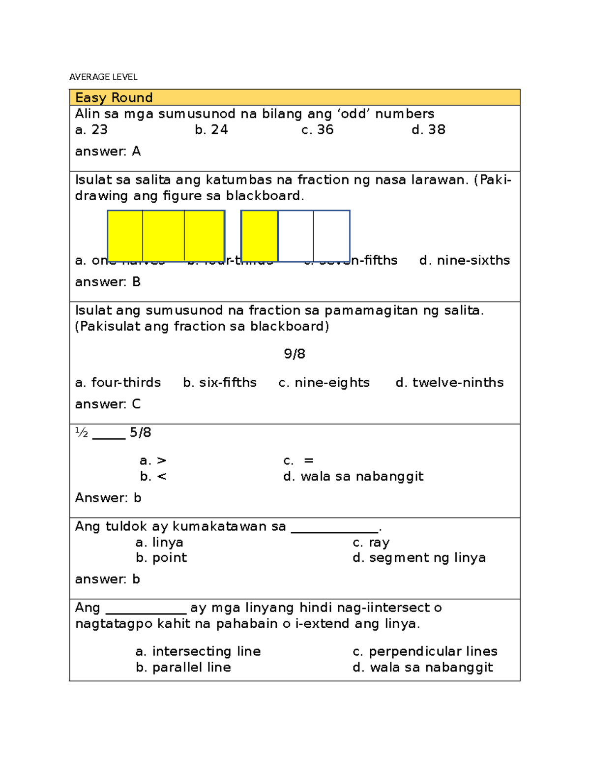 Question Math - Average Level Quiz on Numbers and Fractions - Studocu