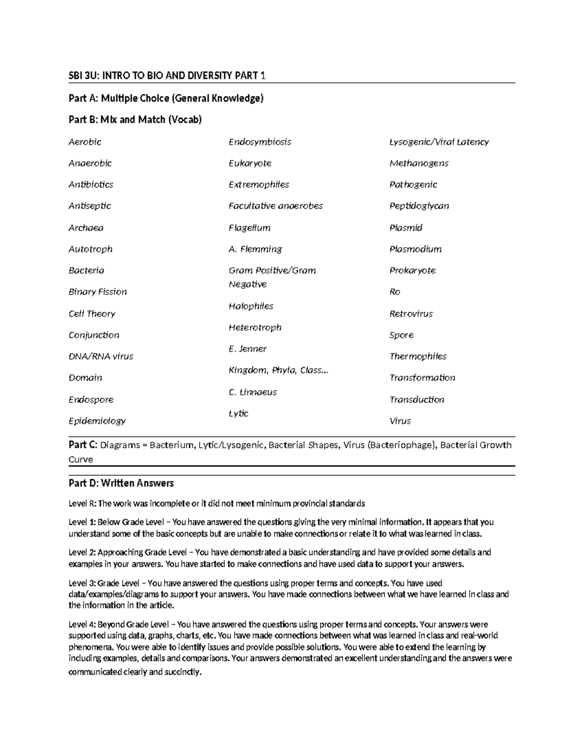 SBI3U Diversity Test Part 1 Viruses and Bacteria Review - SBI 3U: INTRO ...