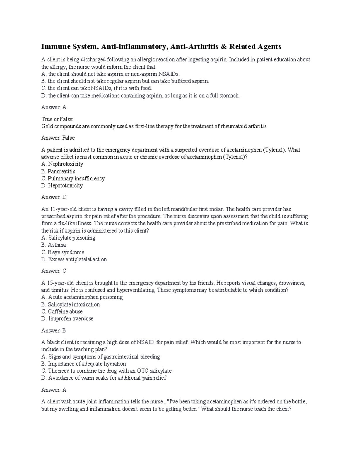 Nursing Quiz: Pharmacology of Anti-inflammatory and Pain Relief Agents ...