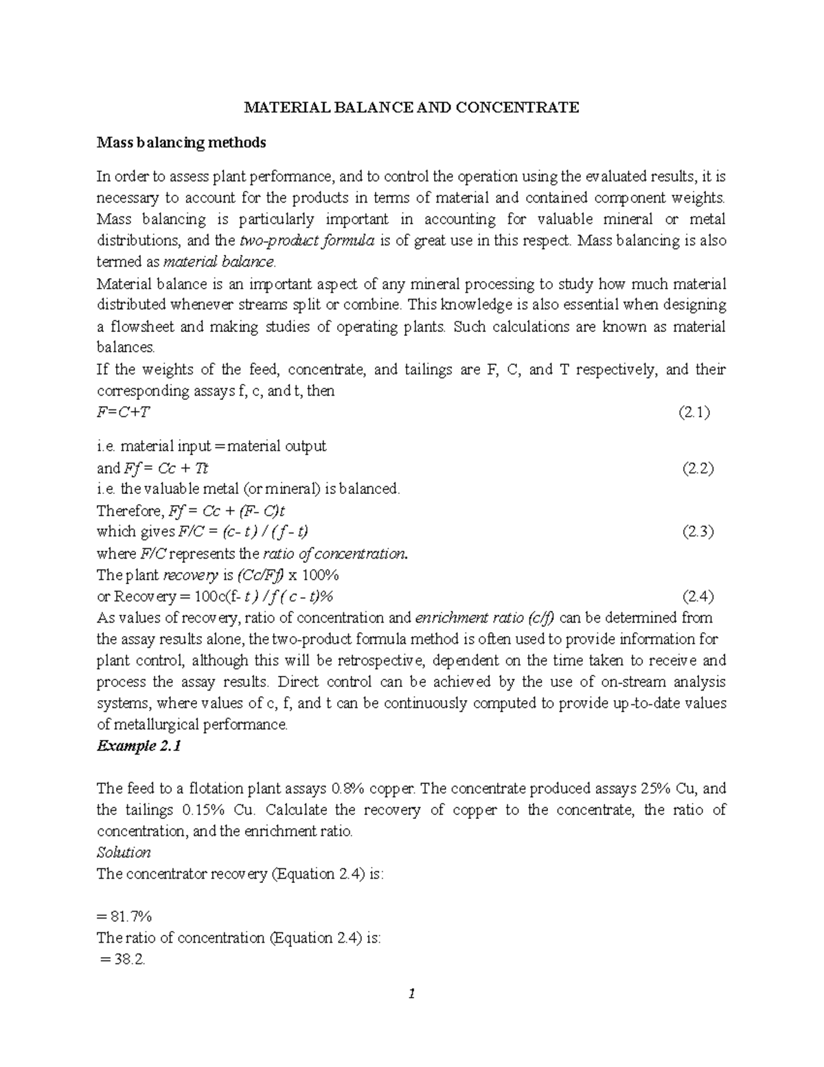 Material Balance and Metallurgical Accounting in Mineral Processing ...