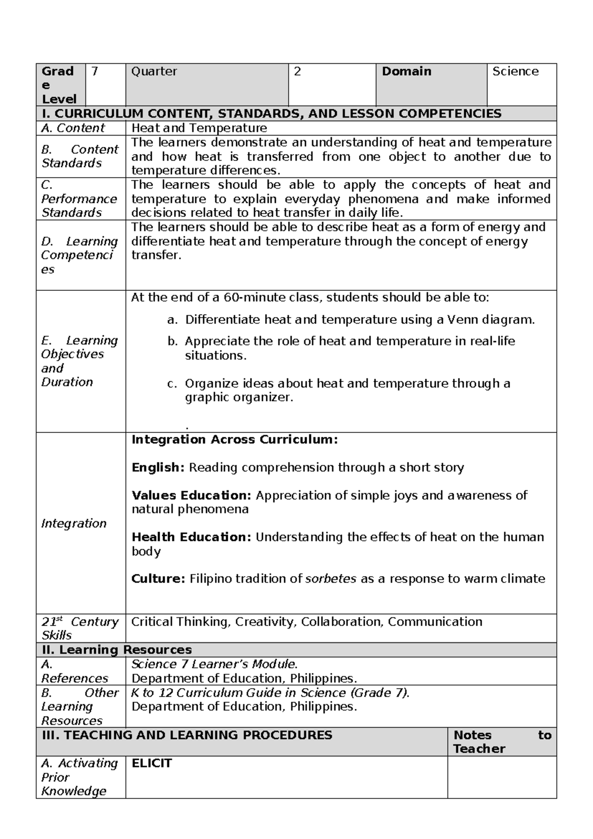 Grade 7 Science Lesson Plan: Heat & Temperature Concepts - Studocu