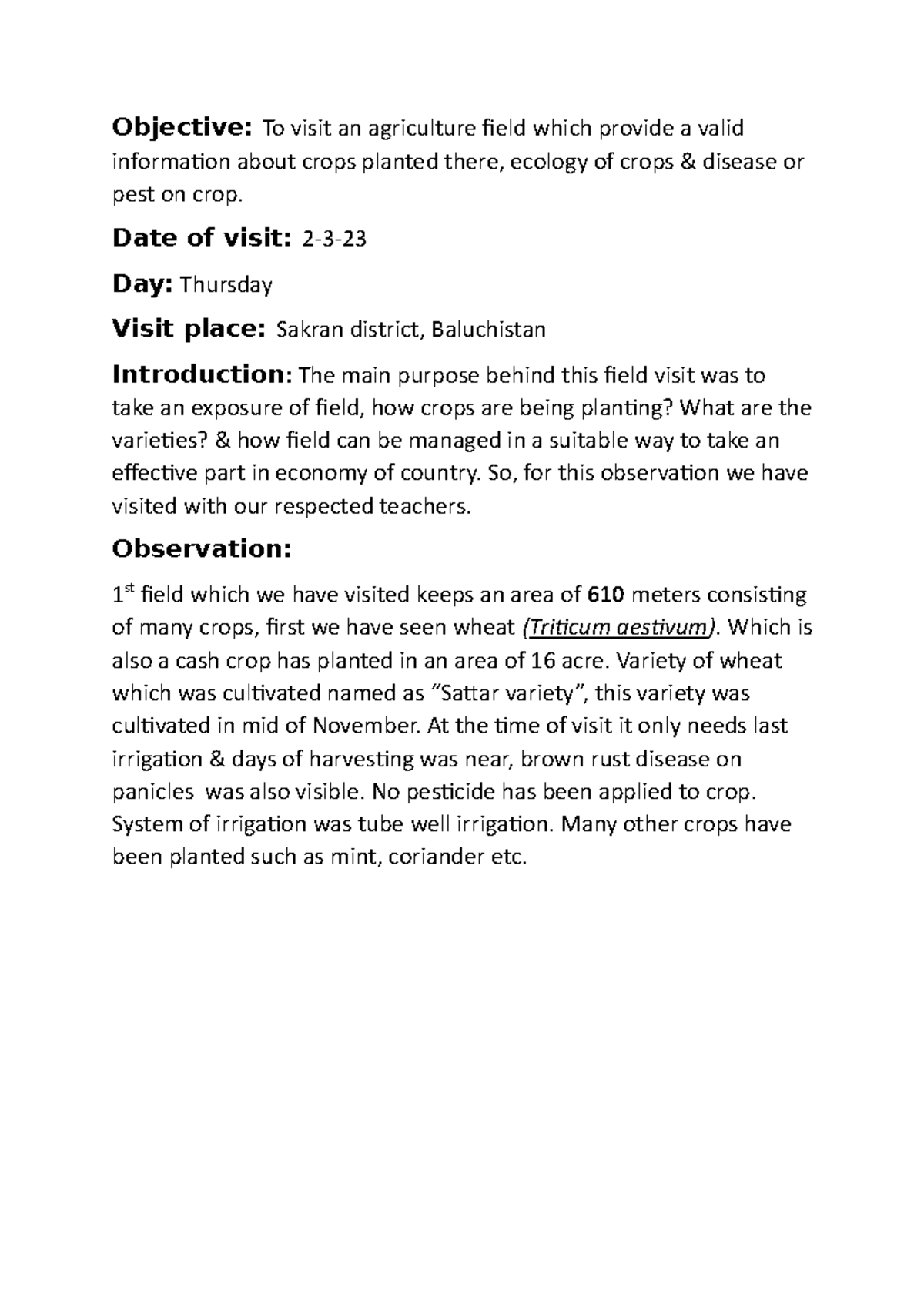 Field Visit Report on Crop Management and Ecology - AGR-603 - Studocu