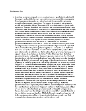 POLS 2306 Short Answer Assignment 1 - What is sovereignty? What is the ...