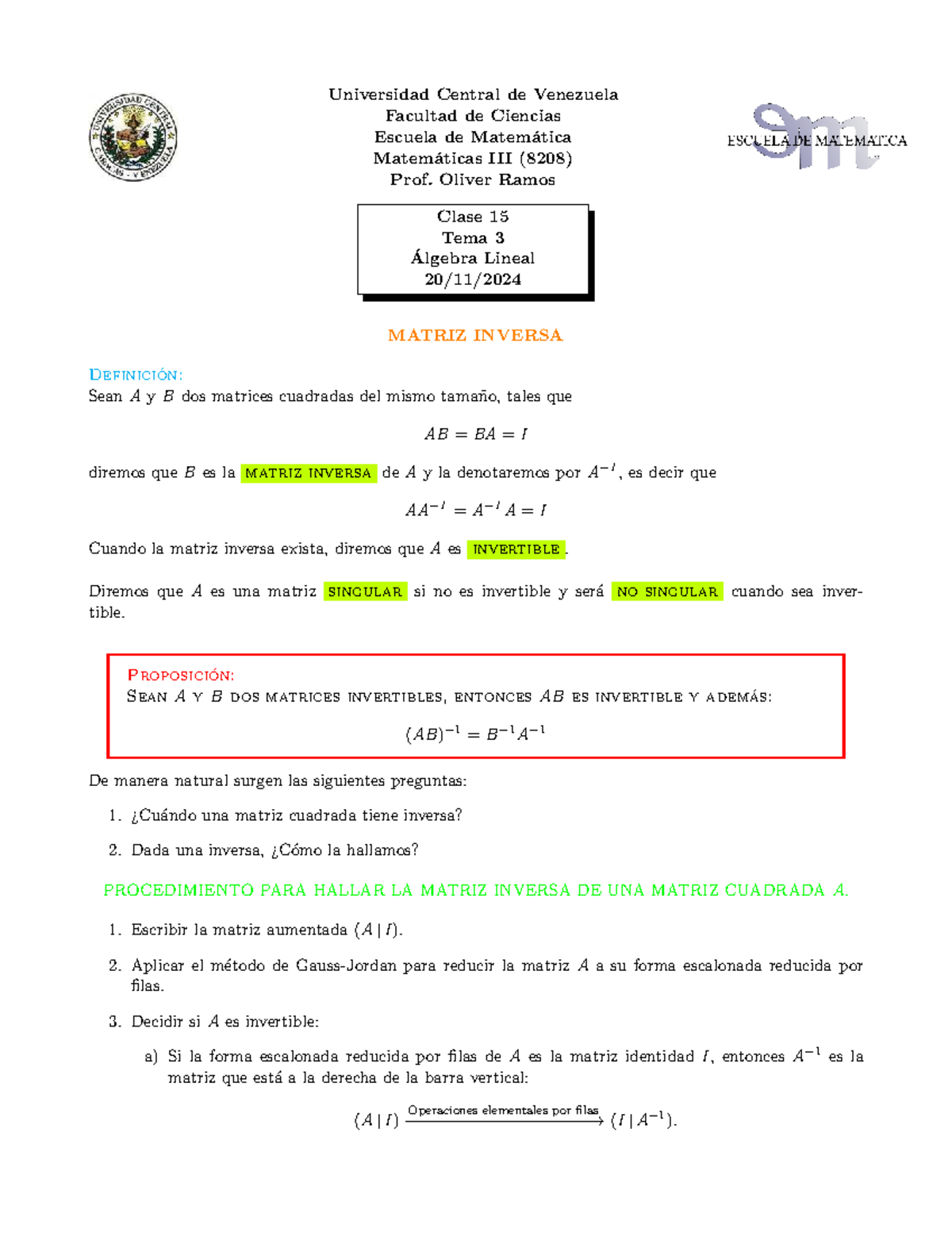 Clase 15: Matriz Inversa y Determinantes - Algebra Lineal (8208) - Studocu