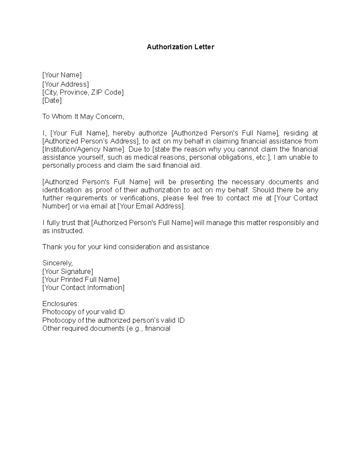 Authorization Letter for Financial Assistance Claim - Studocu