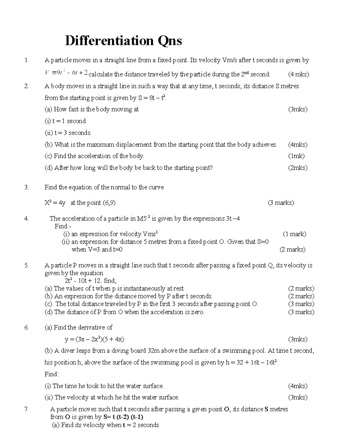 Differentiation Questions - Practice Materials for High School Math ...