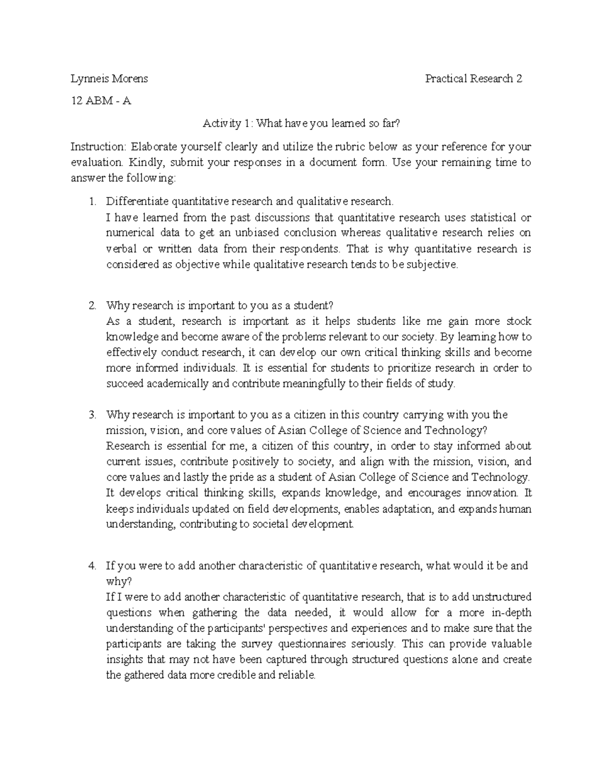PR2 12 ABM A Activity 1: Insights on Research Methods and Importance - Studocu