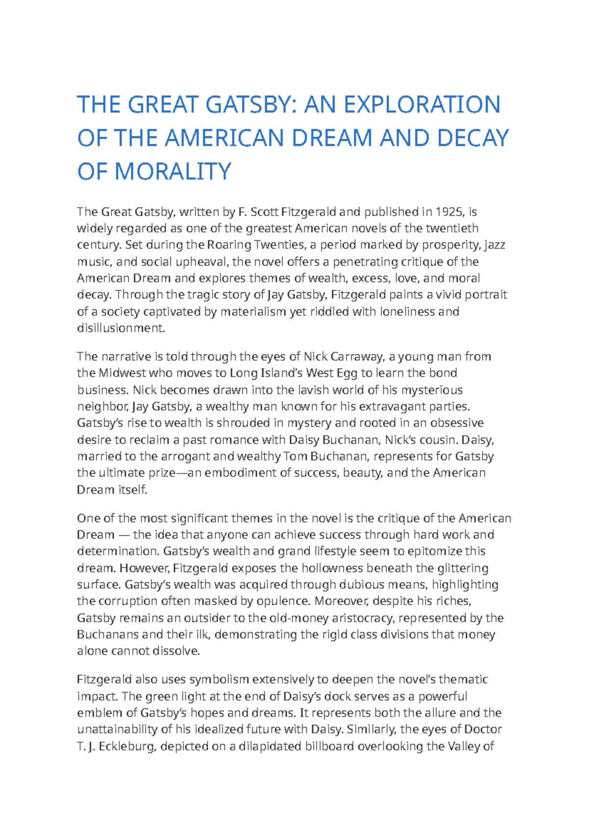 Santos - The Great Gatsby Essay: Analyzing the American Dream - Studocu