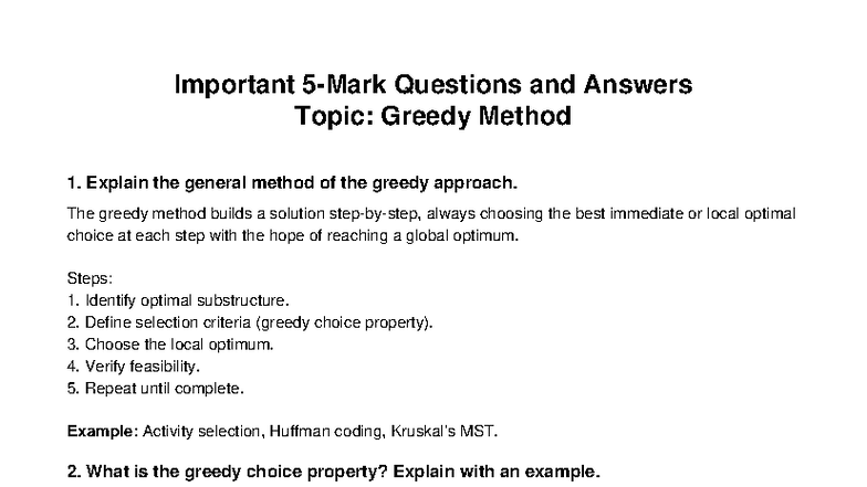 Greedy Method: Important 5 Marks Questions and Answers - Studocu