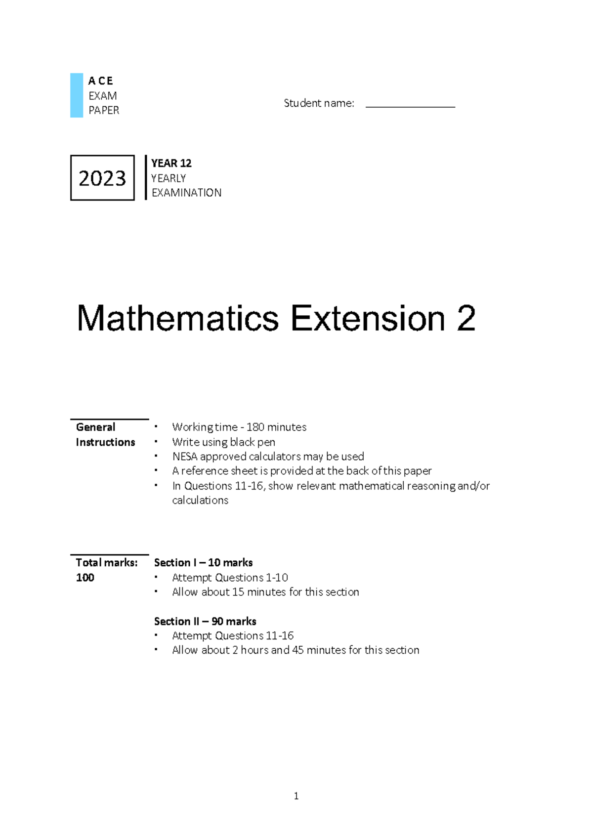 Mathematics Extension 2 Trial Exam Paper 2023 - Studocu