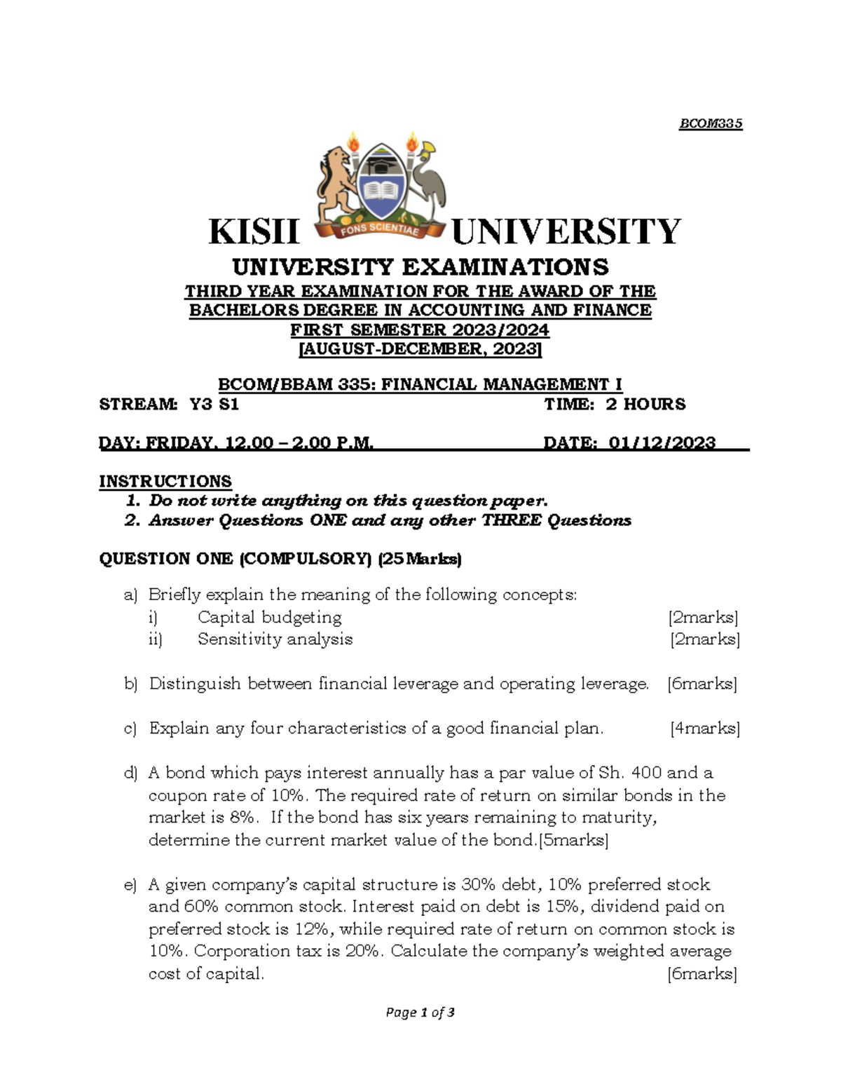 BCOM 335 - Revision - Page 1 of 3 BCOM3 35 KISII UNIVERSITY UNIVERSITY EXAMINATIONS THIRD YEAR ...