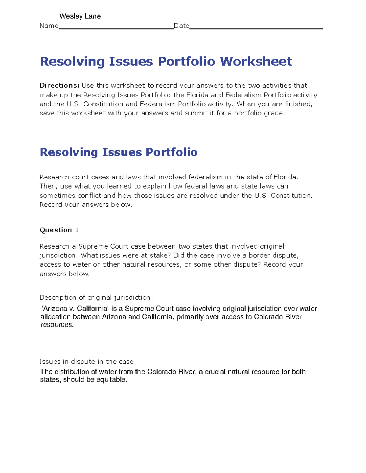 Florida Federalism Issues Portfolio Worksheet Analysis - Studocu