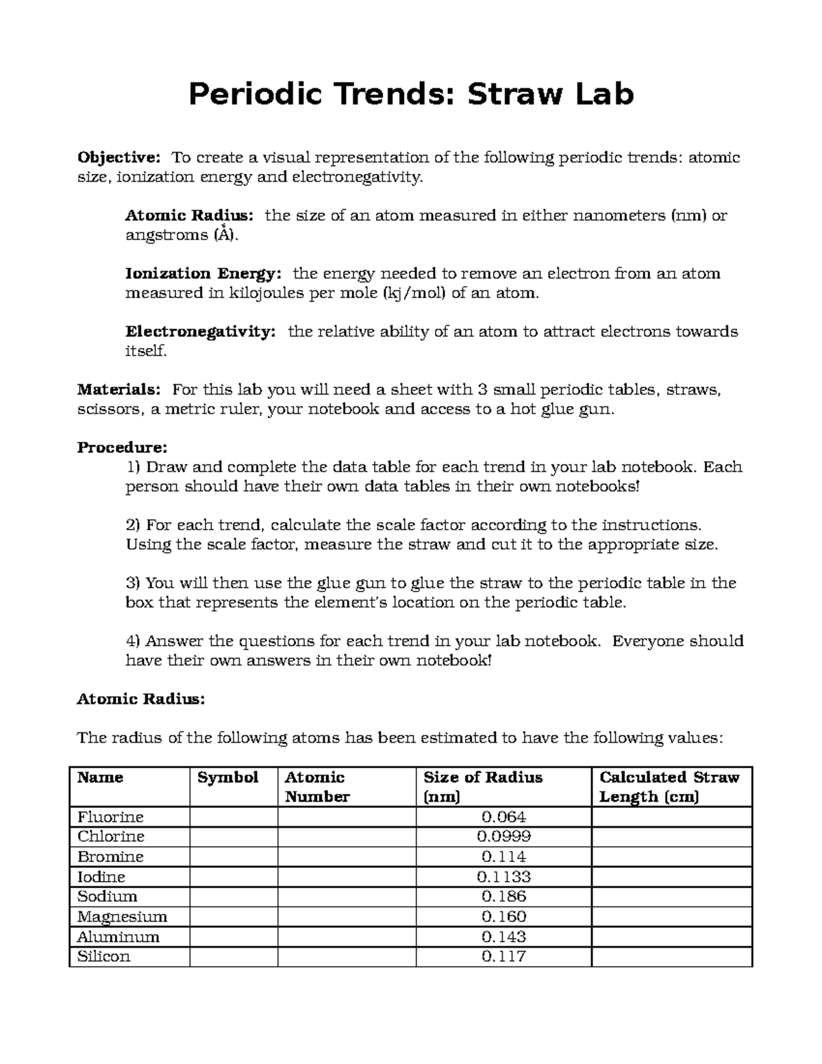 Periodic Trends Lab: Atomic Size, Ionization Energy ...