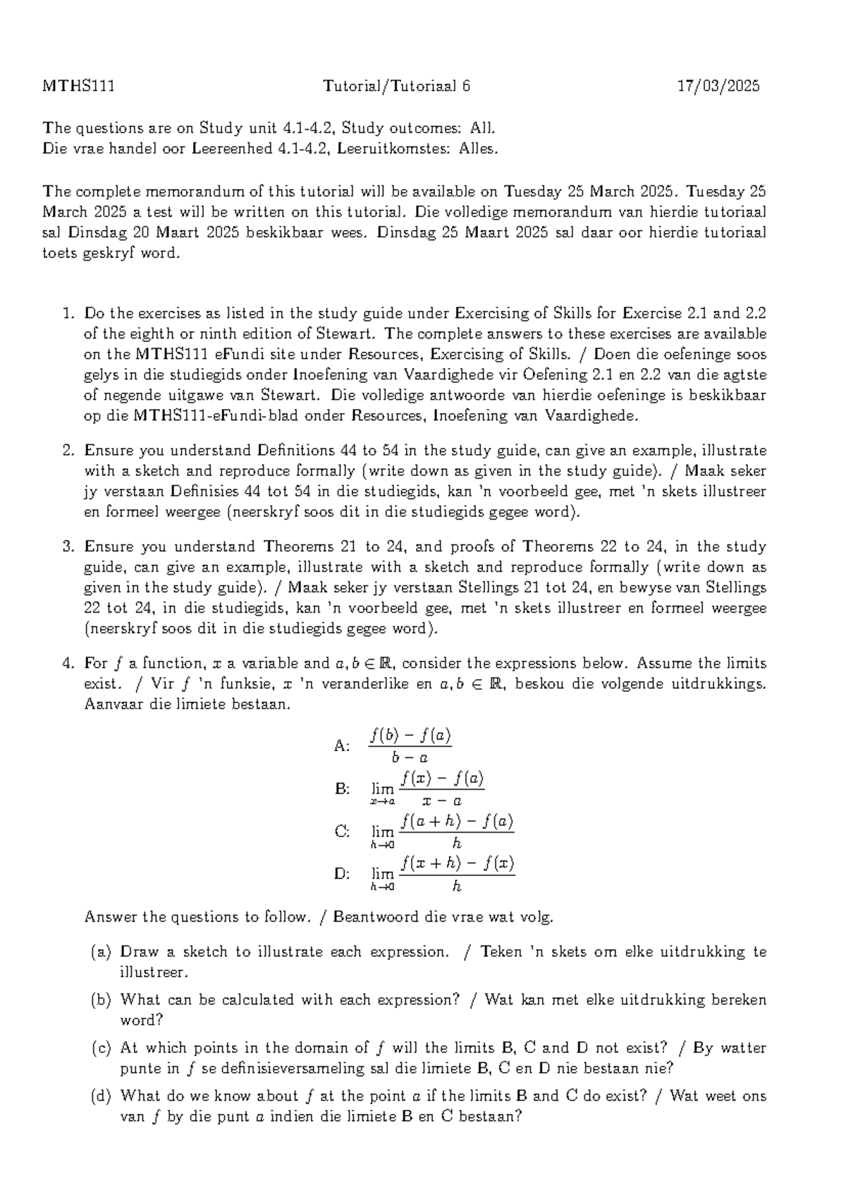 MTHS111 Tutorial 6 2025 - MTHS111 Tutorial/Tutoriaal 6 17/03/ The ...