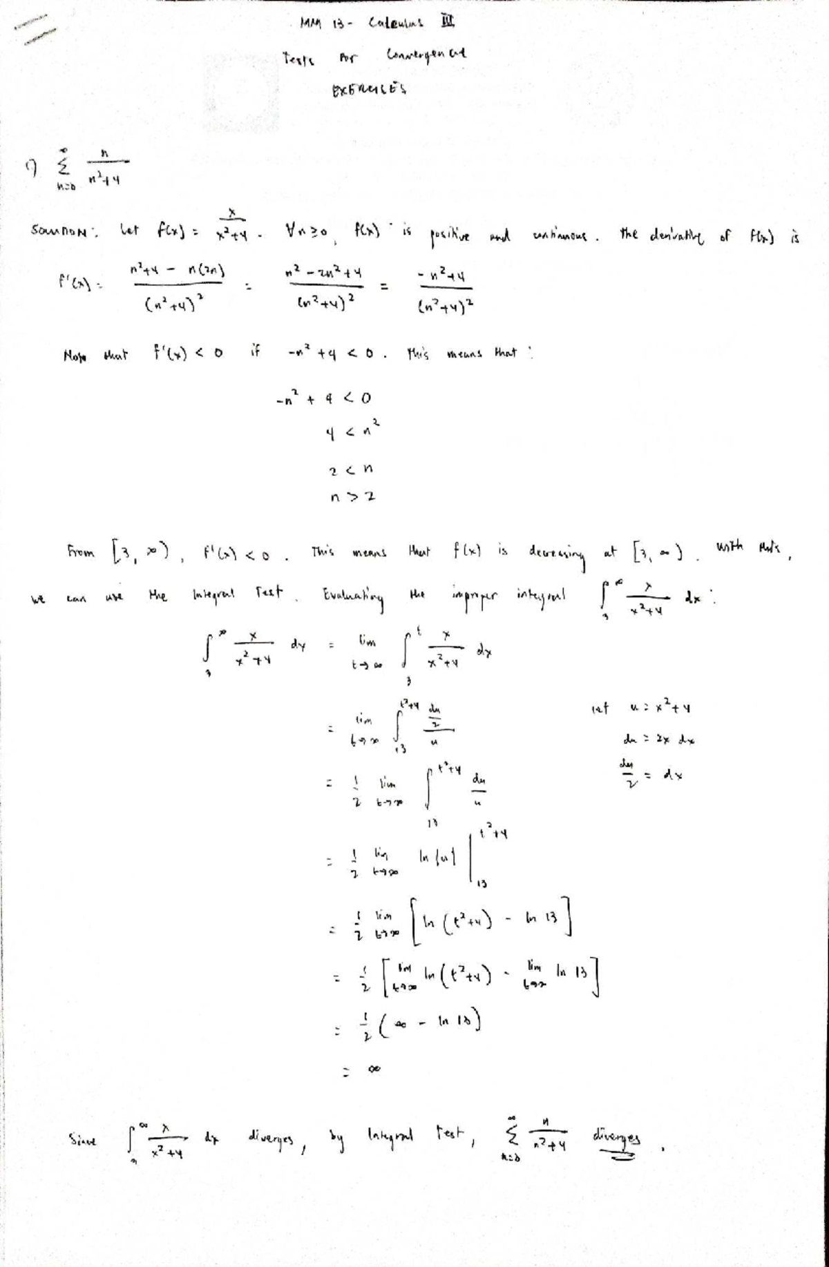 MM-13 Calculus-3 Series Convergence Tests: Sample Worksheets - Studocu