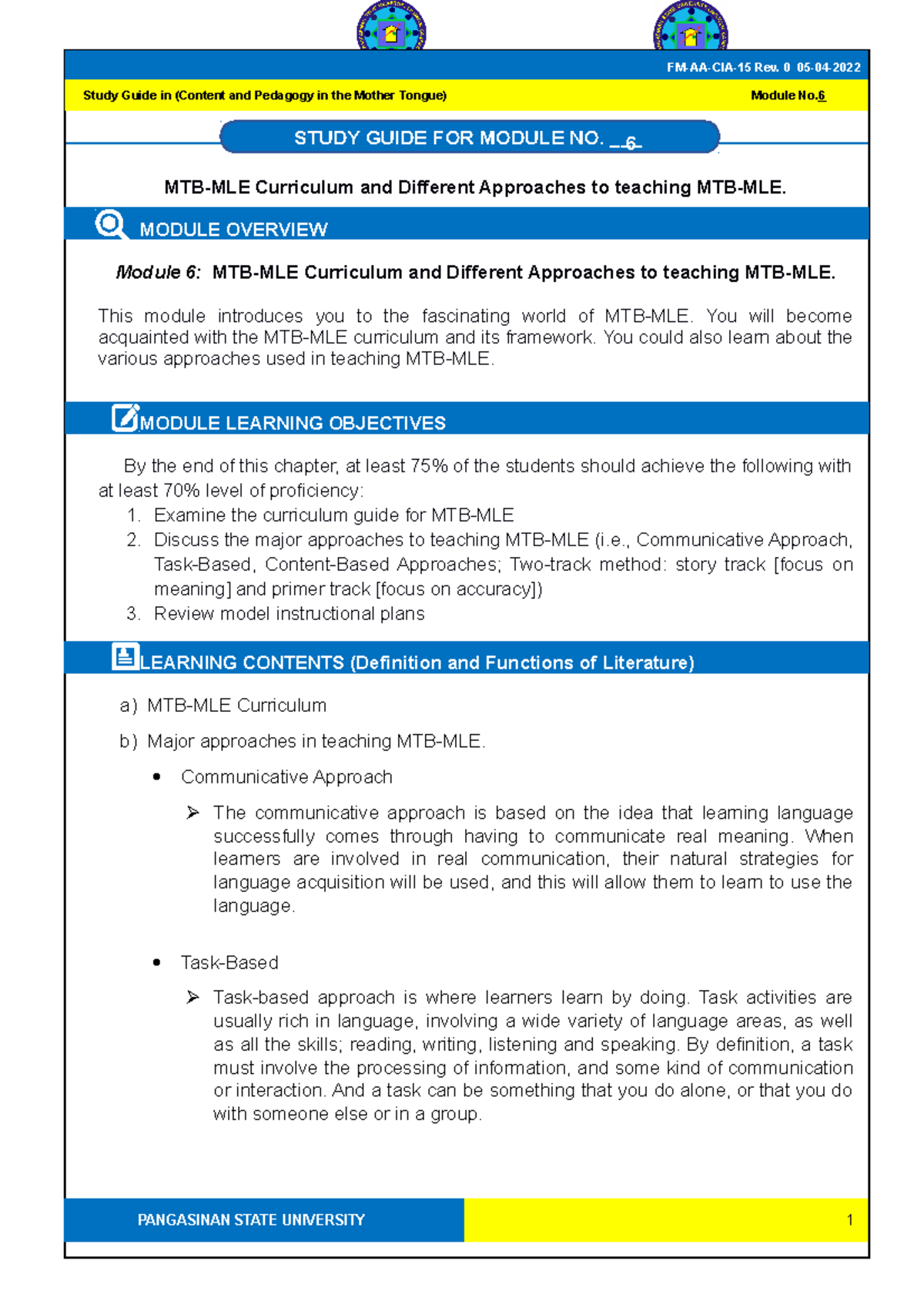 MTB-MLE Curriculum and Different Approaches to teaching MTB-MLE - MODULE OVERVIEW Module 6: MTB ...