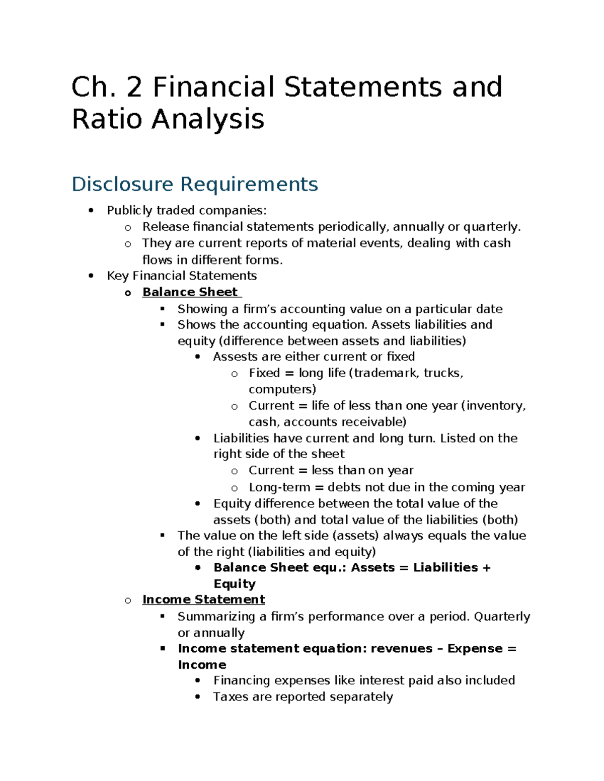 Ch. 2 Financial Statements & Ratio Analysis (Course Code) Study Notes ...