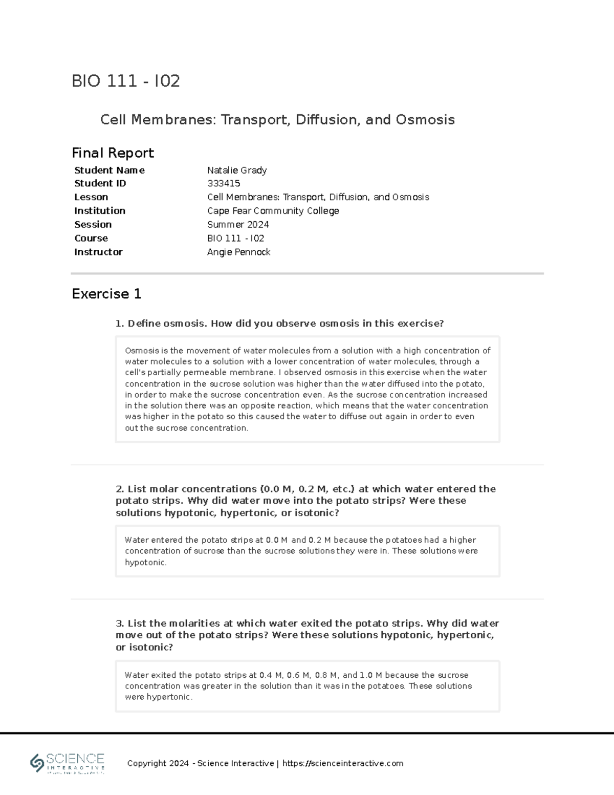 BIO 111 - I Lab 5: Final Report on Cell Membranes and Osmosis - Studocu