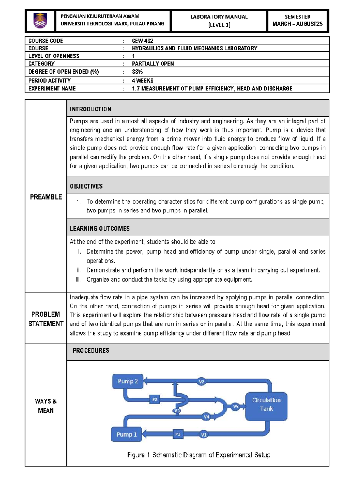 L1.7 Pump Efficiency Lab Manual CEW 432 March-August 2025 - Studocu