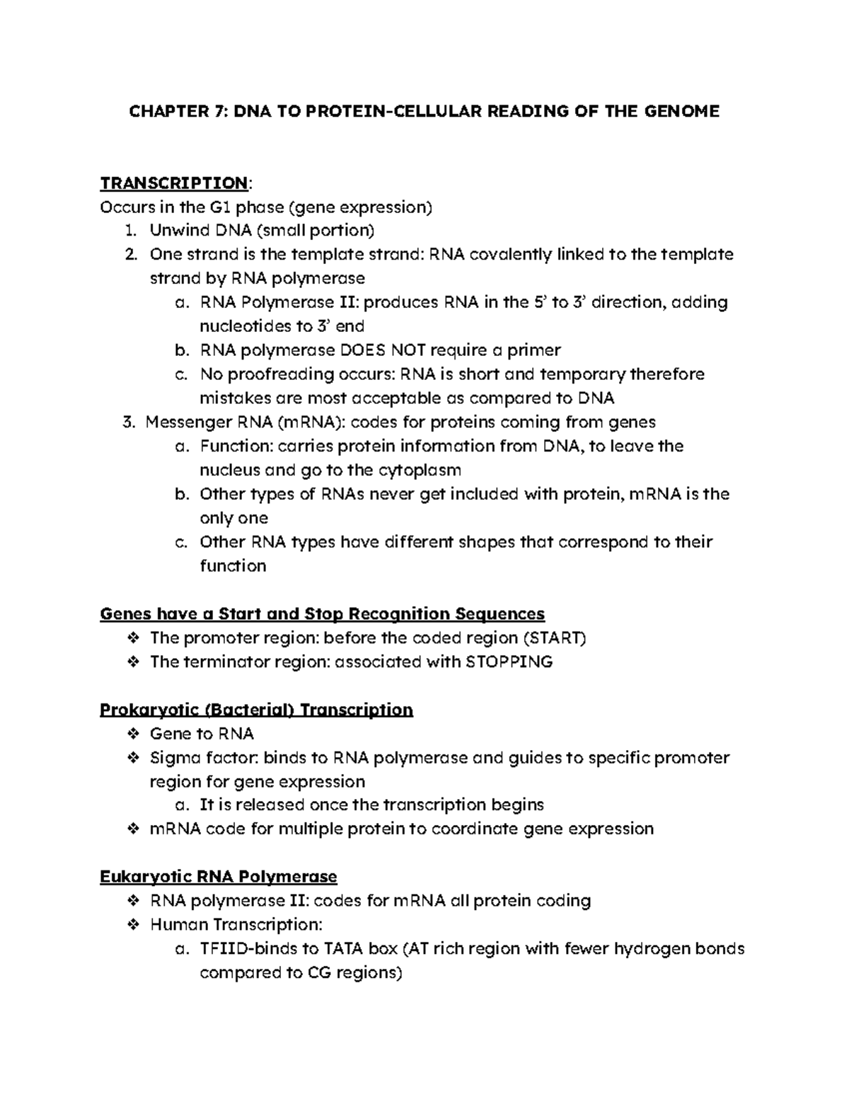 Cellular and Molecular Biology Chapter 7 DNA to Protein - CHAPTER 7 ...