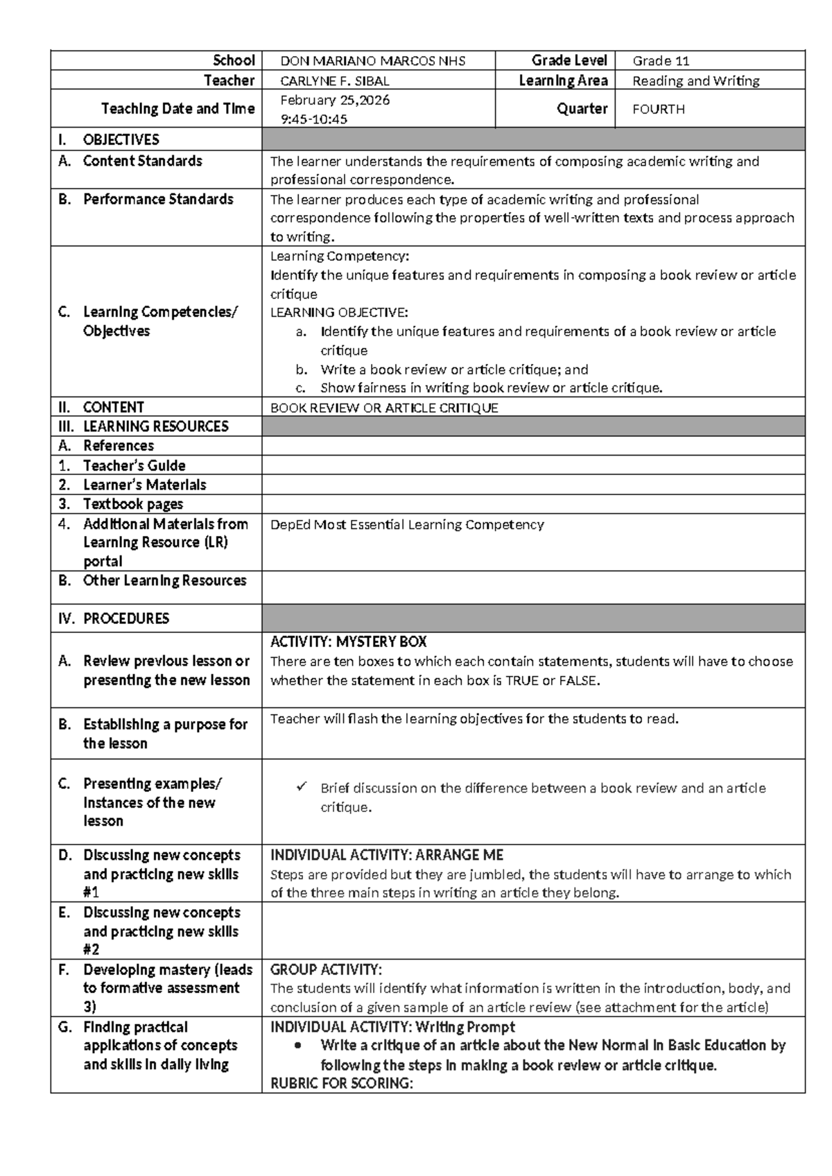 DLL-COT2: Lesson Plan on Writing Book Reviews & Article Critiques - Studocu