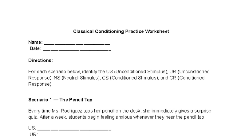 Classical Conditioning Practice Worksheet: Scenarios & Examples - Studocu