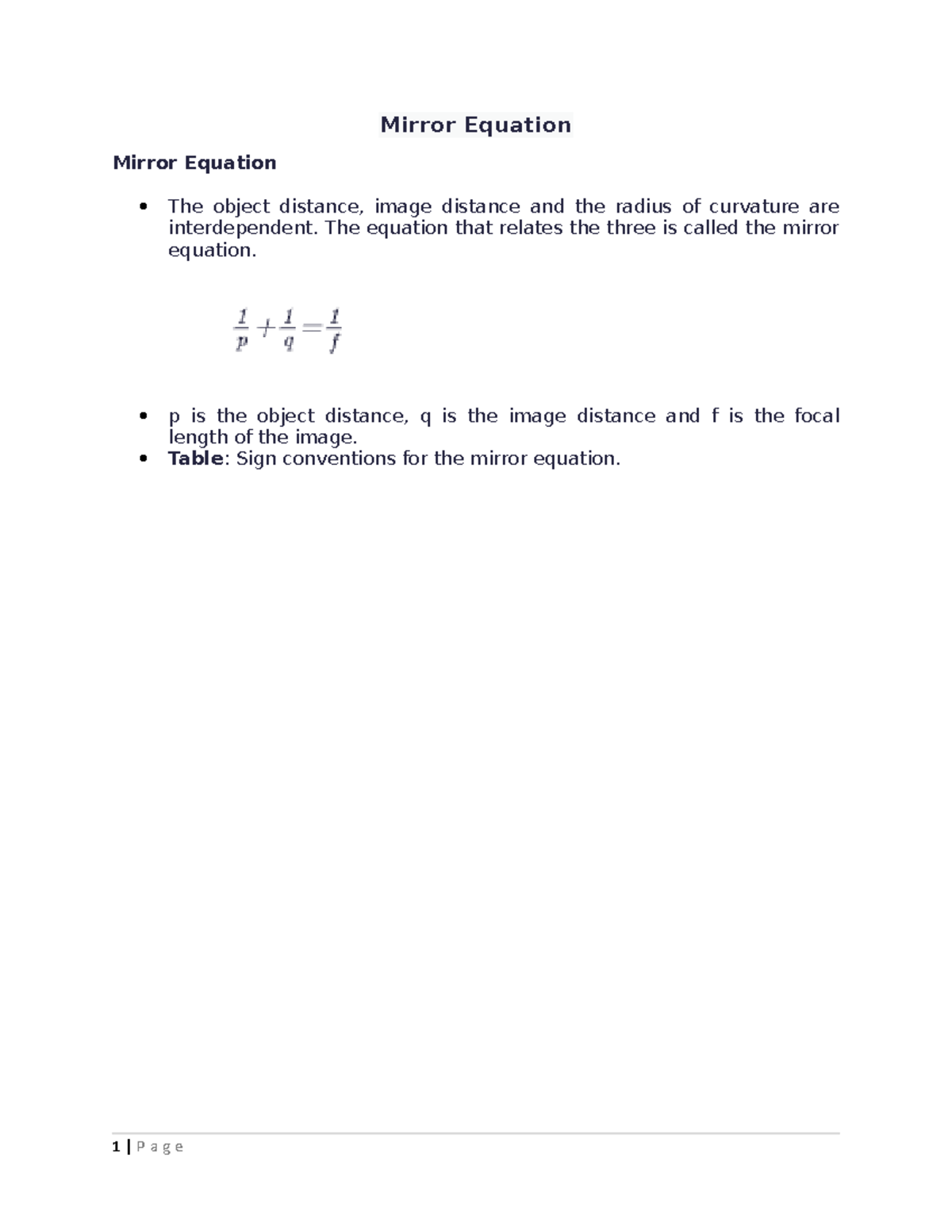 Mirror Equation - Engineering - Mirror Equation Mirror Equation The ...