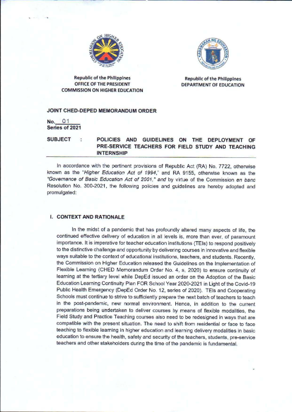 CHED Joint Memorandum Order No. 01, S. 2021: Teacher Deployment ...