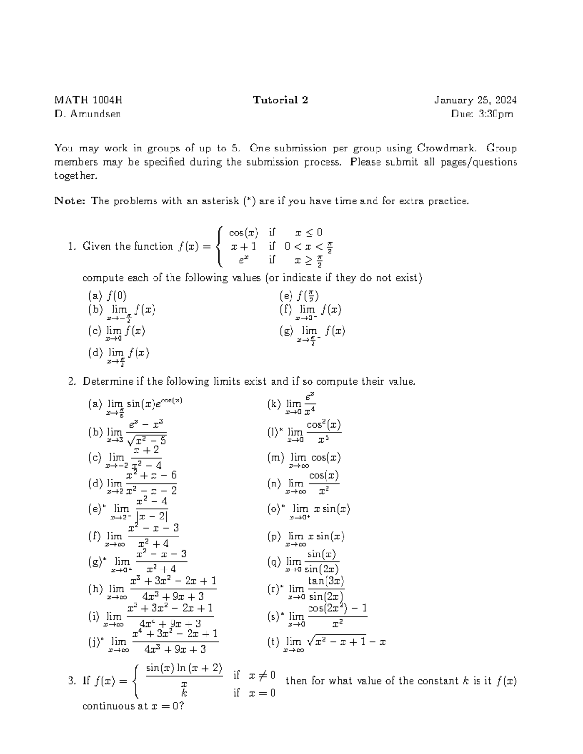 MATH 1004H Tutorial 2 - Quiz Questions and Practice Problems - Studocu