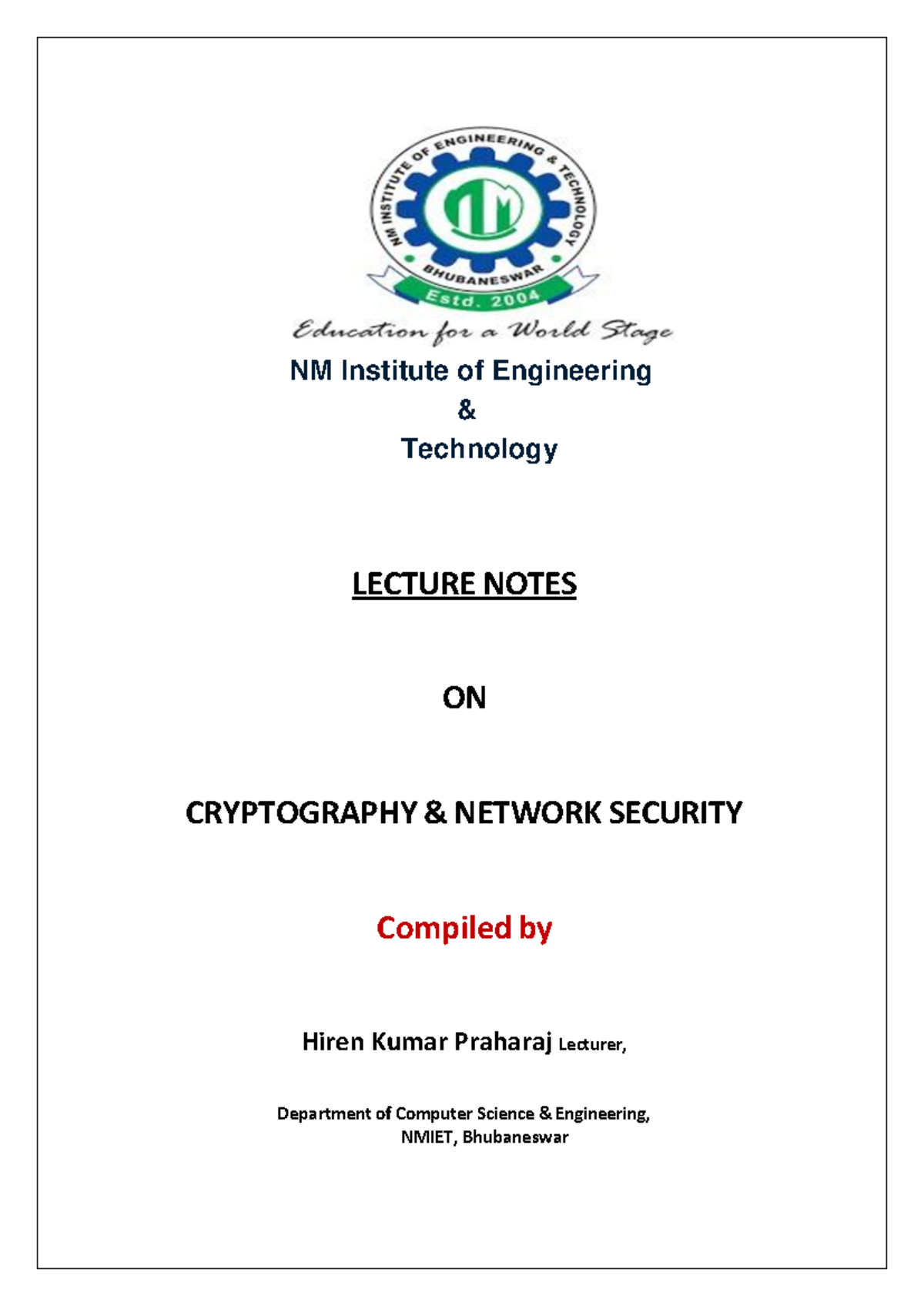 NMIET CSE LECTURE NOTES ON CRYPTOGRAPHY & NETWORK SECURITY - Studocu