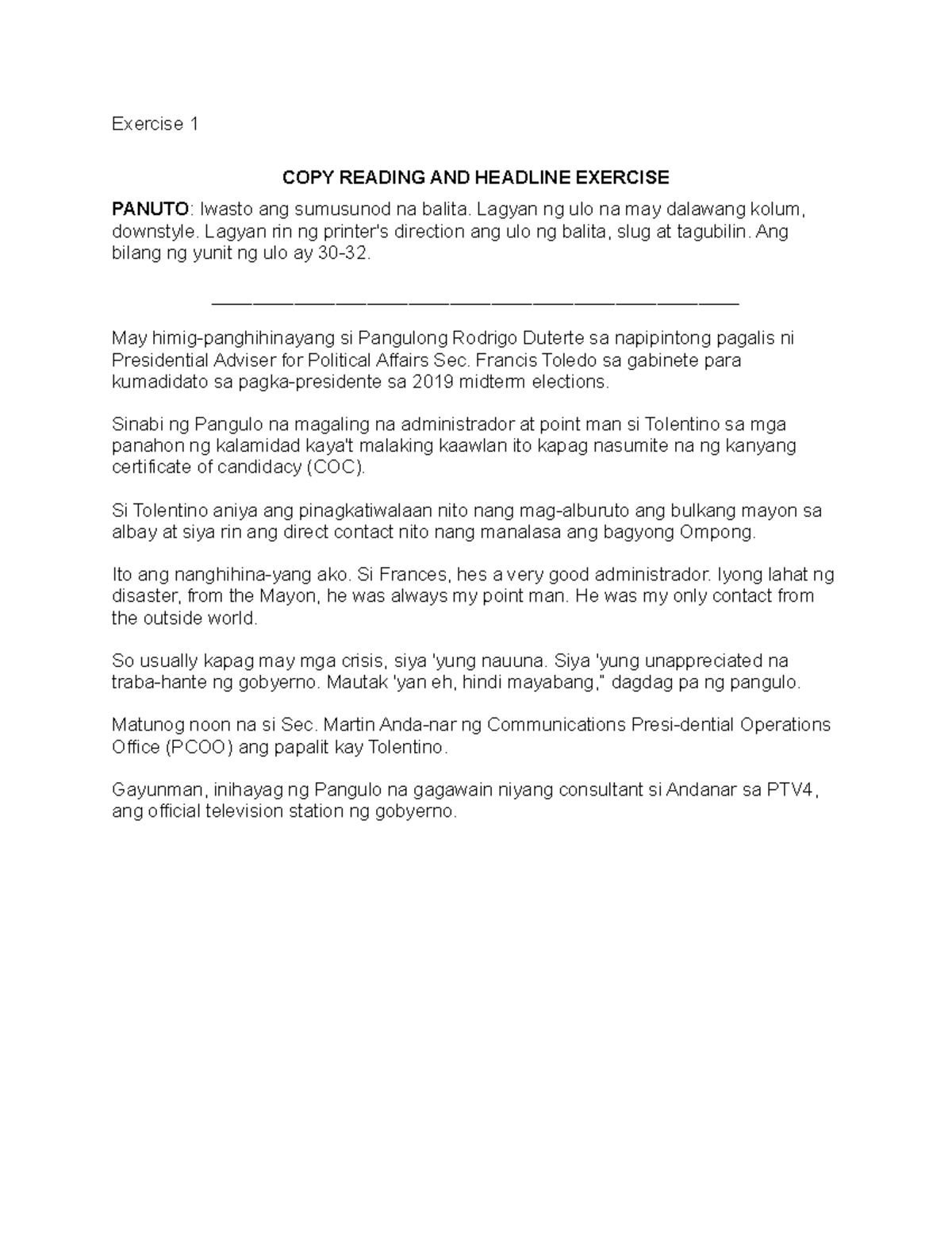 Copyreading Exercise - Filipino: Headlines and News Editing - Studocu