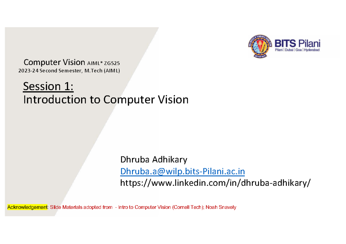 Computer Vision ZG525 Lecture Notes: Introduction to CV Concepts - Studocu