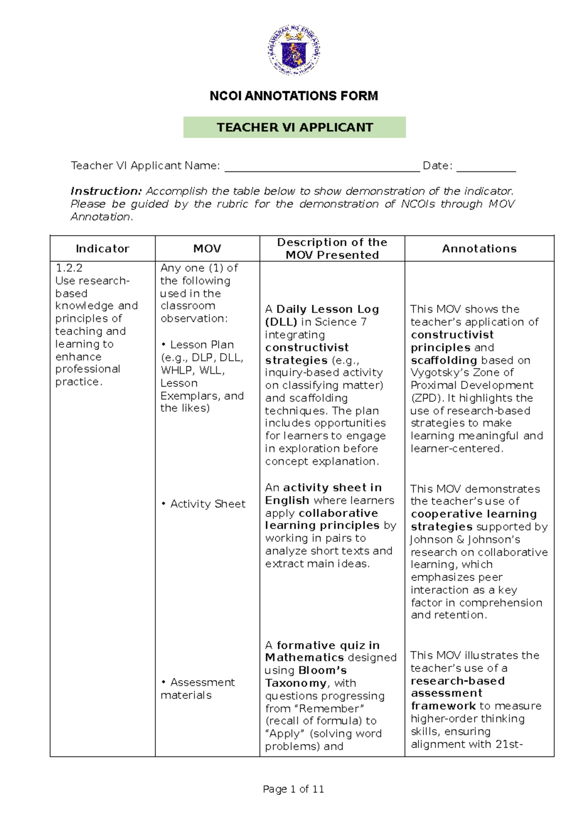 NCOI ANNOTATIONS FORM FOR TEACHER VI APPLICANT - Studocu