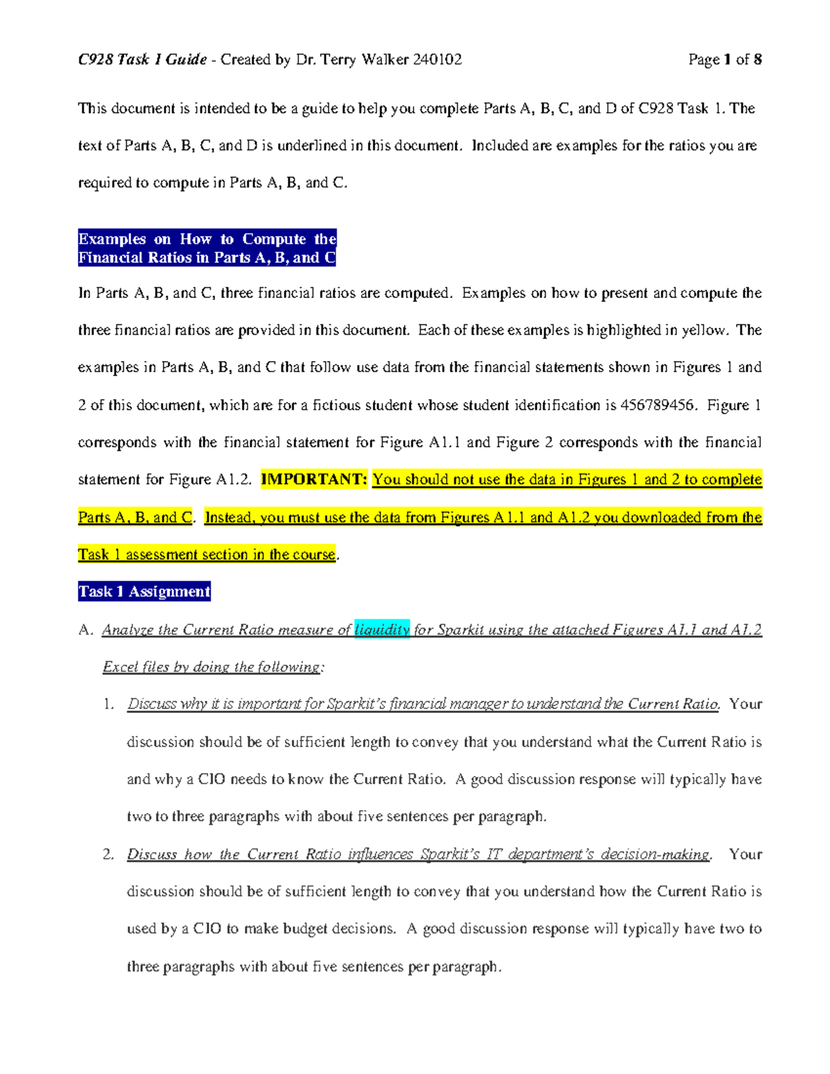 C928 Task 1 Ratios Guide: Analyzing Current & Asset Turnover - Studocu