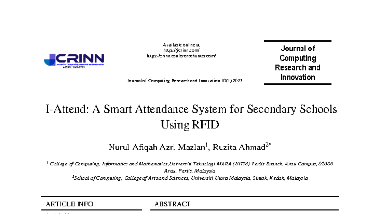 A Smart Attendance System for Secondary Schools Using RFID (CS101 ...