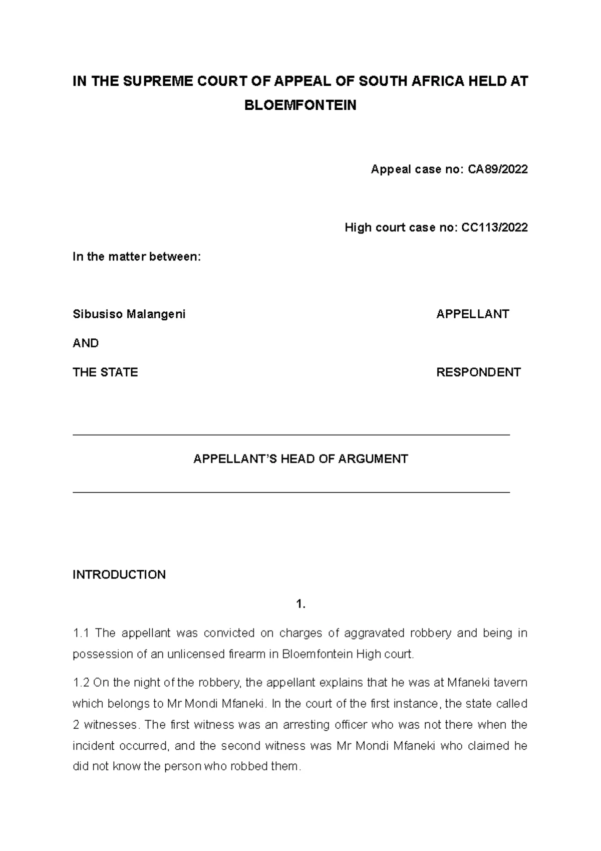 Heads of arguments Example - N THE SUPREME COURT OF APPEAL OF SOUTH ...