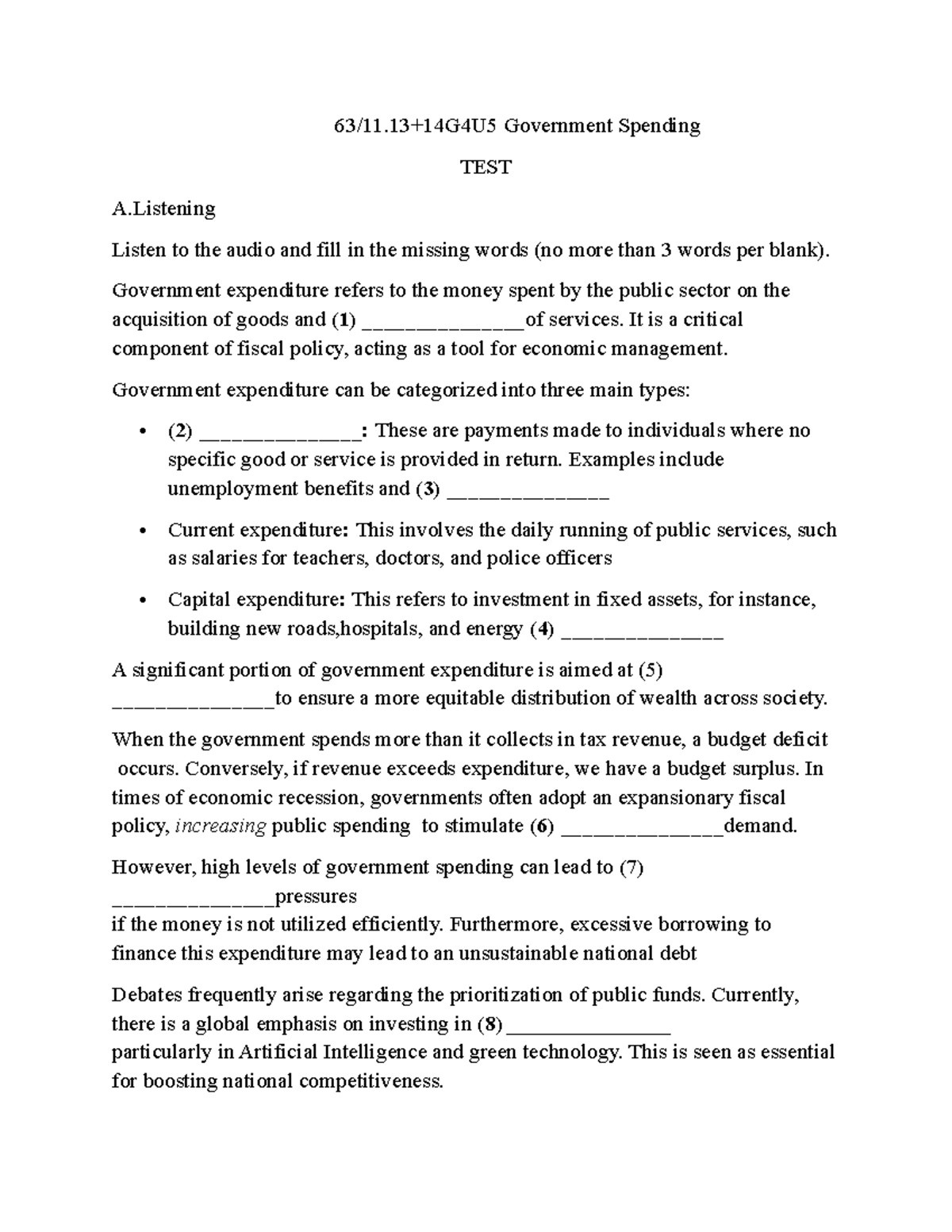 Government Spending Test A: Listening & Reading Exercises - Studocu