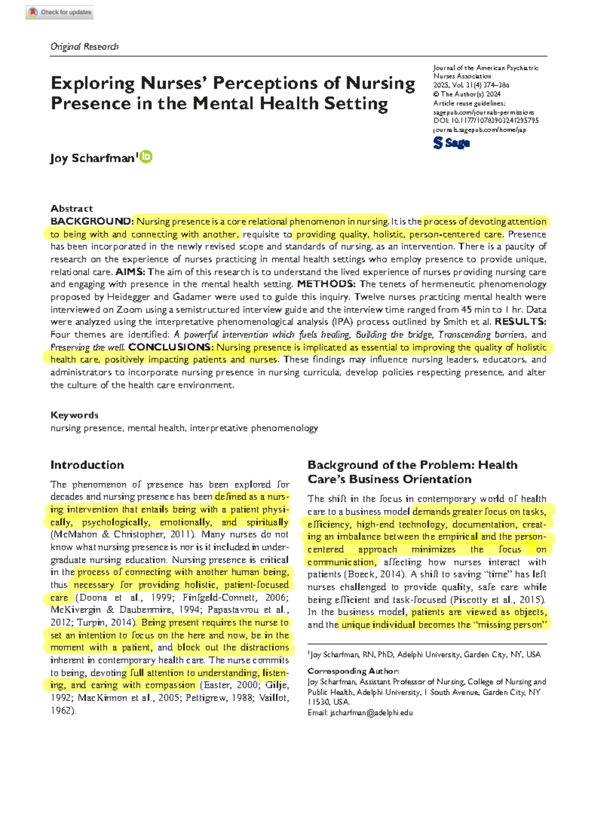 1295795: Exploring Nurses' Perceptions of Nursing Presence in Mental ...