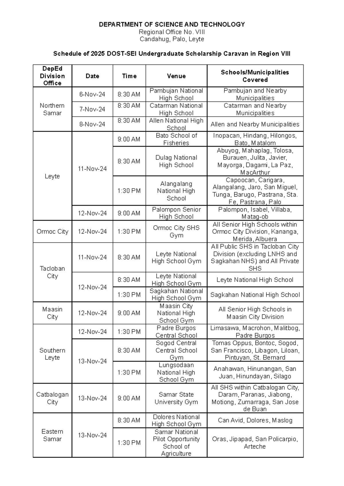 2025 USP Caravan Schedule - DEPARTMENT OF SCIENCE AND TECHNOLOGY ...