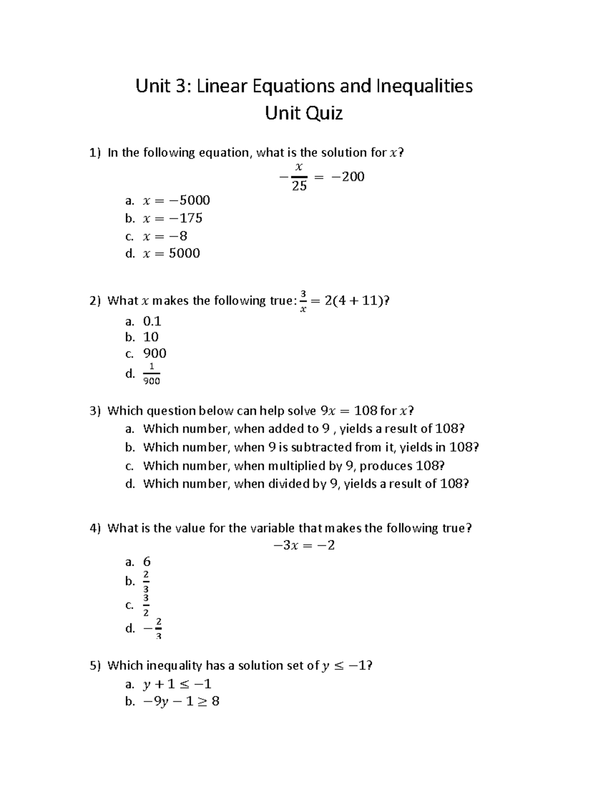 D126 Unit 3: Quiz on Linear Equations and Inequalities Solutions - Studocu