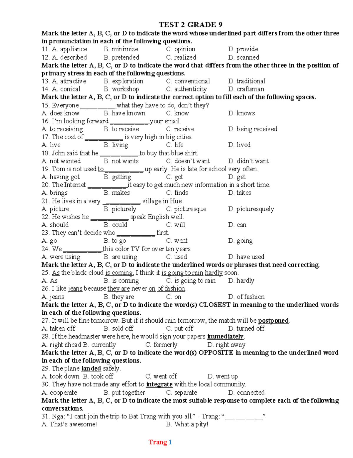 TEST 2 GRADE 9: Pronunciation, Stress, and Vocabulary Practice - Studocu