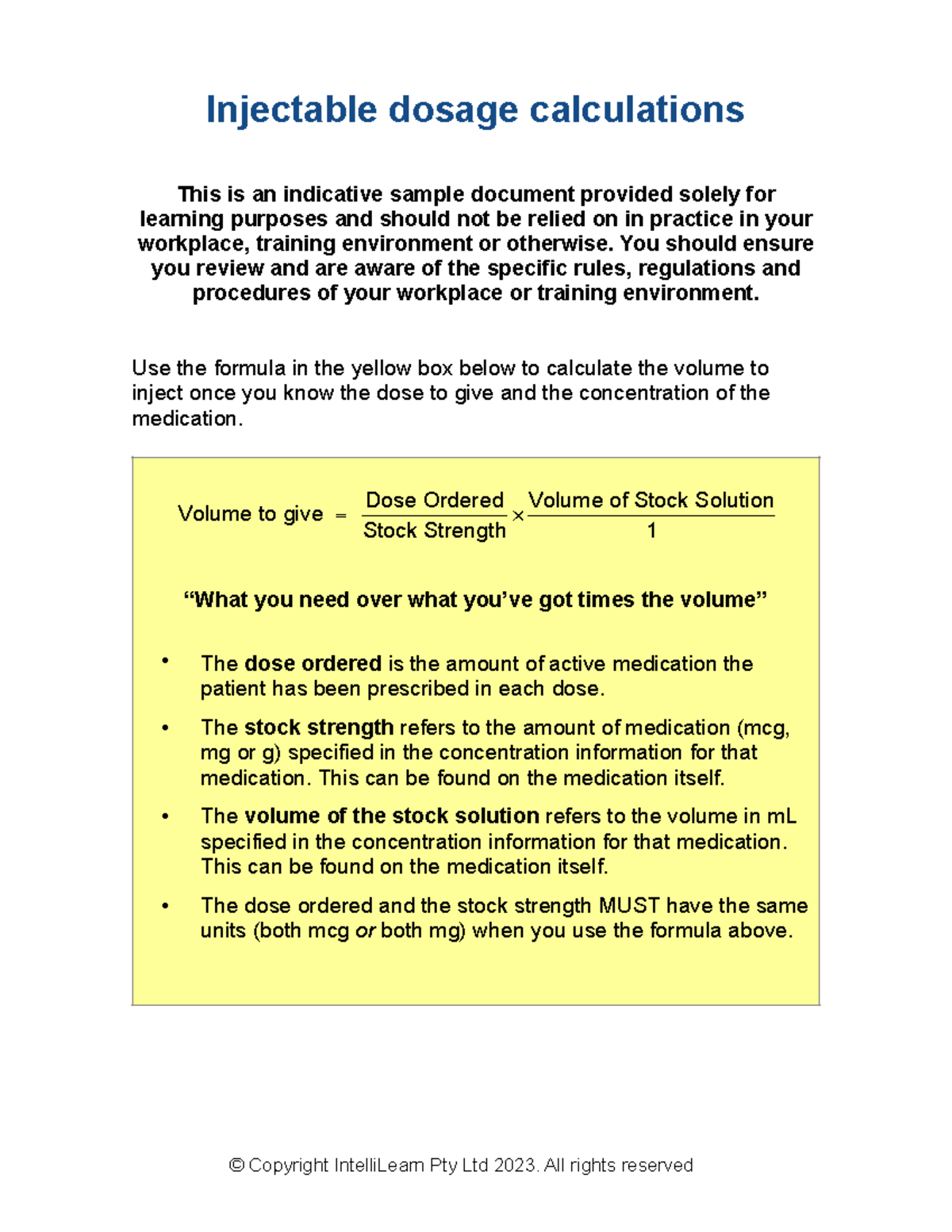 Injectable Calcs - Injectable dosage calculations This is an indicative ...