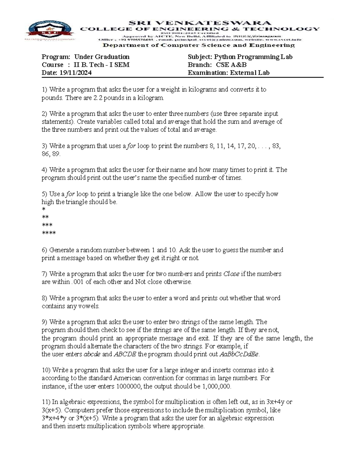 II B.Tech I Sem Python Programming Lab External QP - Studocu