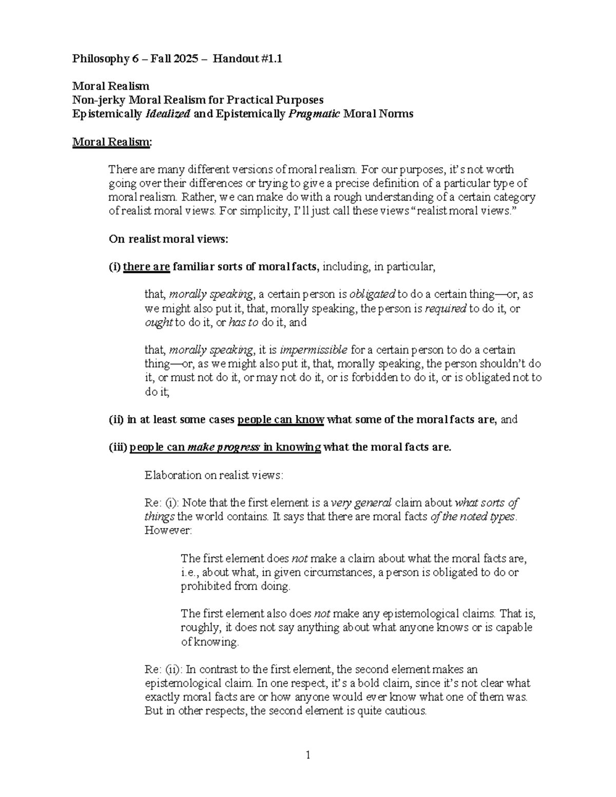 Philosophy 6 Fall 2025 Handout: Moral Realism & Epistemic Norms - Studocu
