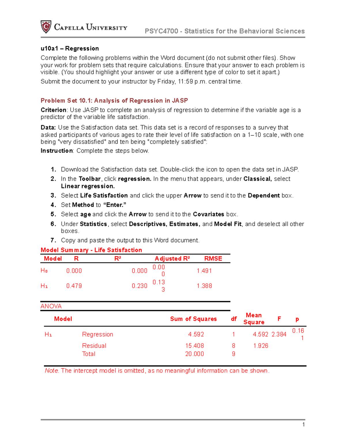 Week 10 Assignment: Regression Analysis Using JASP and Excel - Studocu